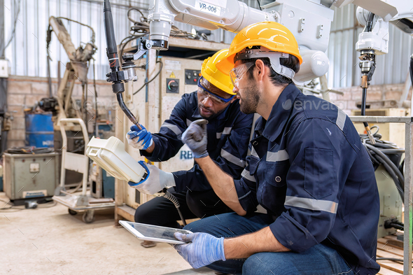 Maintenance engineer repair and programing robotic arm in factory ...