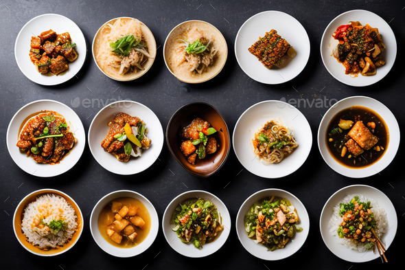 chinese food, chinese traditional cuisine dishes on dark background ...