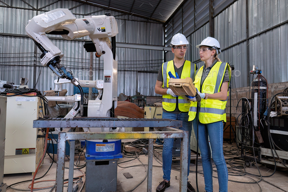 In robotic training center instructor teaching girl engineer how to ...