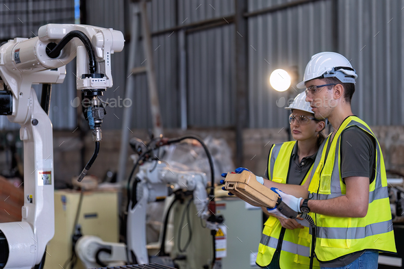 In robotic training center instructor teaching girl engineer how to ...