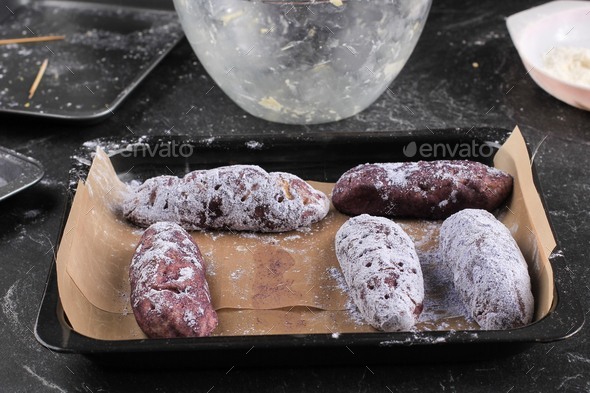 Messy Table Preparing Baking Goguma PPang (Korean Sweet Potato Mochi ...