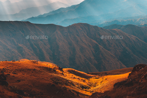 Top View Mulayit Taung golden light of the morning sun and the mist ...