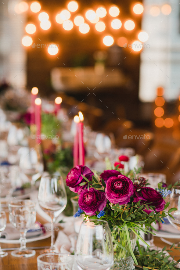 Coziness and style. Modern event design. Table setting at wedding ...