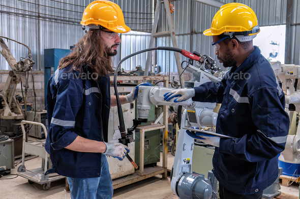 Maintenance engineer repair and programing robotic arm in factory ...