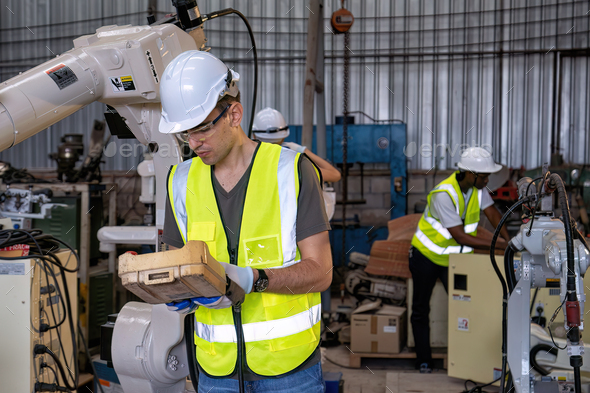 In robotic maintenance shop engineer busy commissioning and operate ...