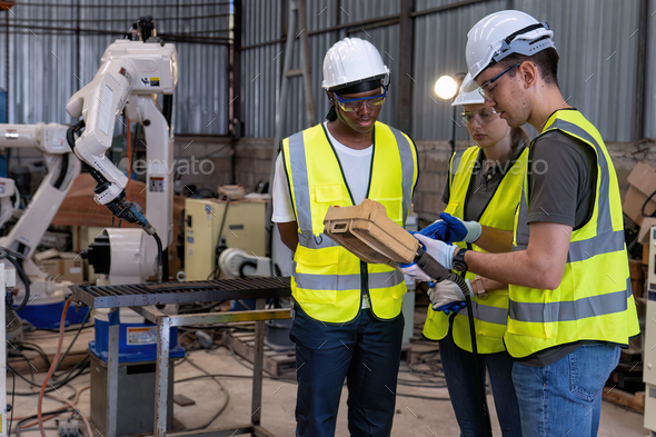 In robotic training center instructor teaching girl engineer how to ...