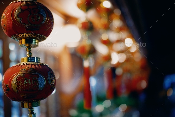 Chinese red lantern decorations during chinese new year. Toned with ...