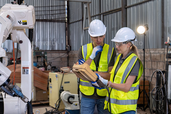 In robotic training center instructor teaching girl engineer how to ...