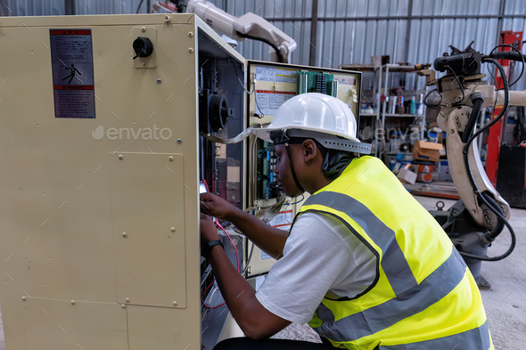 Maintenance engineer busy working checking internal wiring inside robot ...