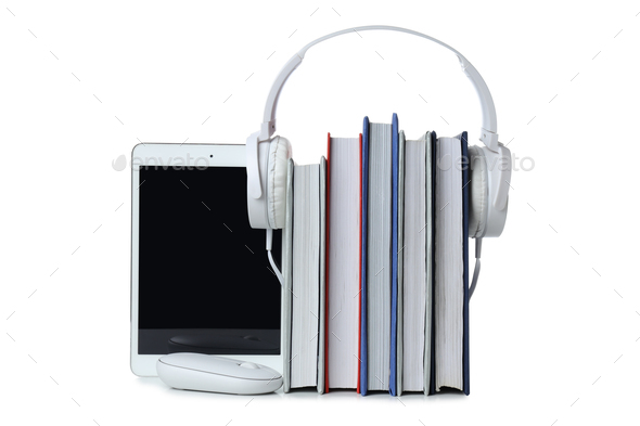 Concept of books vs technology, isolated on white background Stock ...