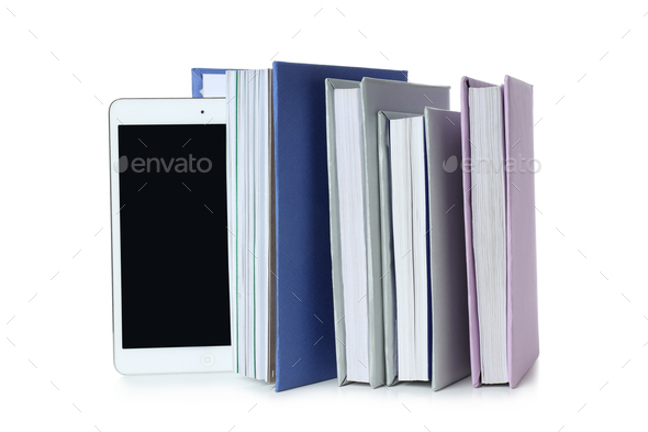 Concept of books vs technology, isolated on white background Stock ...