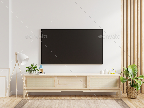 Minimalist TV room design on white wall background Stock Photo by vanitjan
