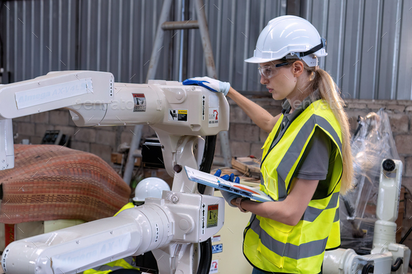 In robotic maintenance shop engineer busy commissioning and operate ...