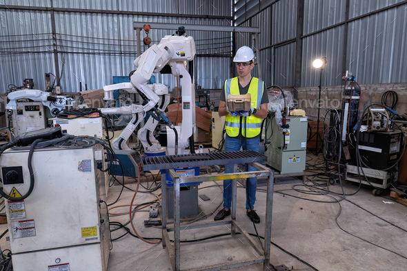 In robotic maintenance shop engineer busy commissioning and operate ...