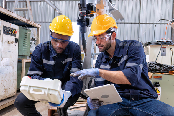 Maintenance engineer repair and programing robotic arm in factory ...