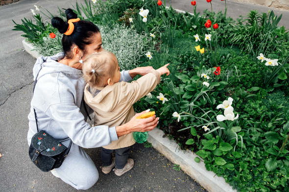 Spring Gardening activities for toddler kids. Senior woman grandmother ...