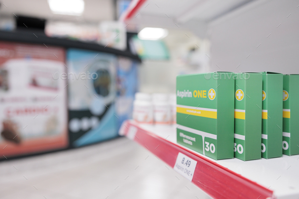 Empty pharmacy store filled with boxes of pharmaceutical products and ...