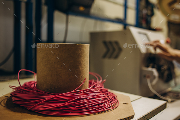 Copper wire cable production in coils, metal steel industrial plant ...