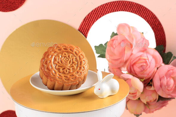 Mooncake on Light Pink Background with Pink Flower. Concept Moon Cake ...