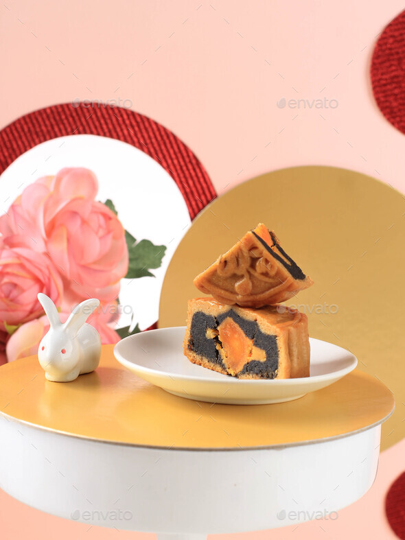 Mooncake on Light Pink Background with Pink Flower. Concept Moon Cake ...