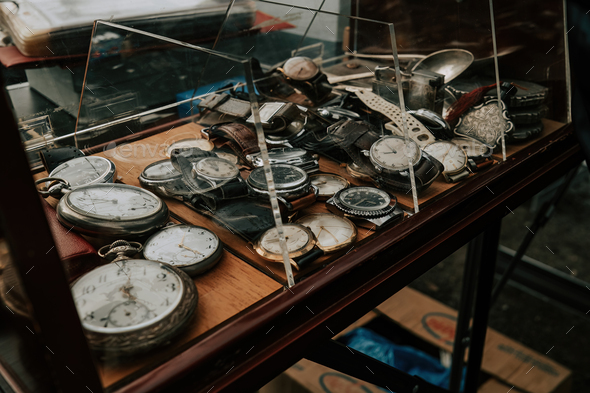 Prague, Czech - February 2023. Showcase with old watches on flea market ...