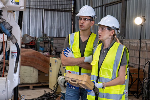 In robotic training center instructor teaching girl engineer how to ...