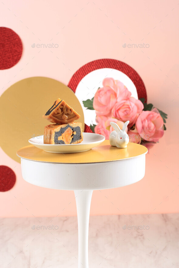 Mooncake on Light Pink Background with Pink Flower. Concept Moon Cake ...