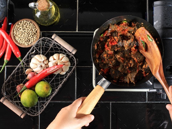 Kitchen Situation Cooking Process Making Saute Spicy Beef Lung Stock ...