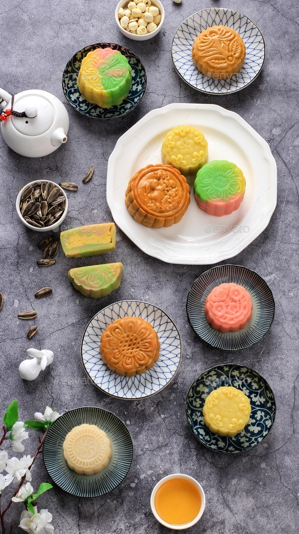 Concept Various Mooncake, Traditional and Colorful Snow Skin Moon Cake ...