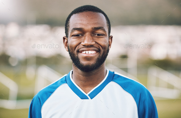 Sports, smile and portrait of soccer player on field with happy face ...