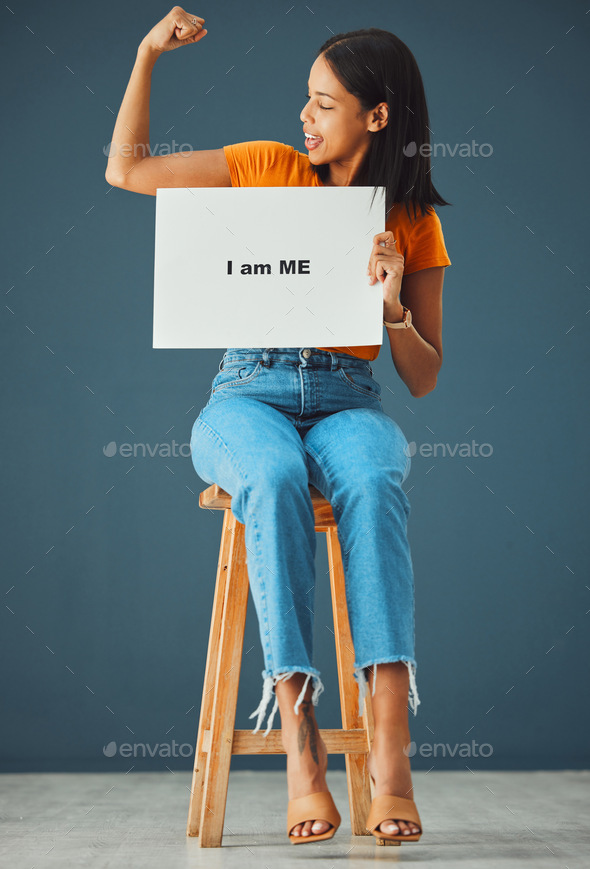 Strength, poster and black woman with strong arm pose in studio for ...