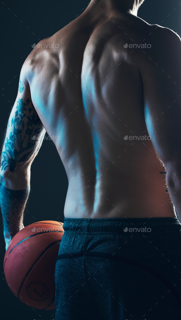 Sports, body and back of man with ball on black background, isolated ...