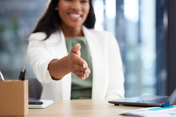 Professional woman with a handshake gesture in office for welcome ...
