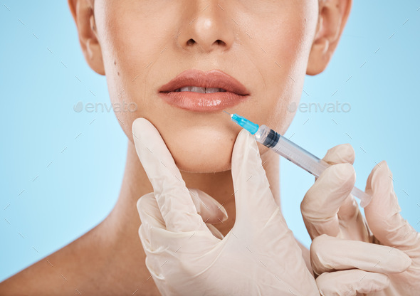 Closeup, woman and needle on lips for cosmetics, dermatology and ...