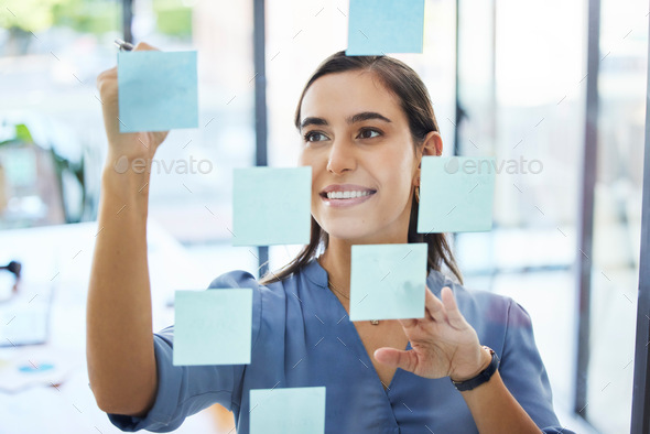 Business woman, sticky notes and planning schedule for goals, agenda ...