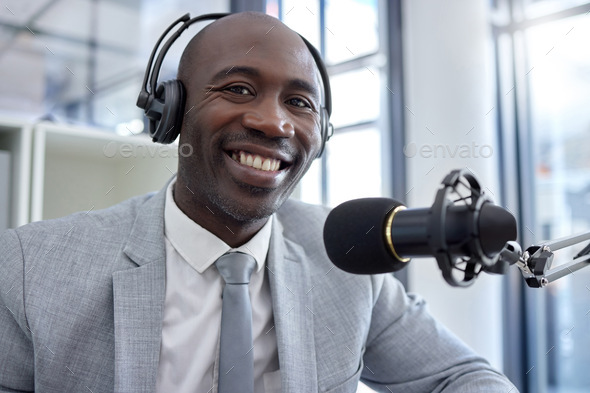Radio, portrait and black man on microphone, professional podcast or ...