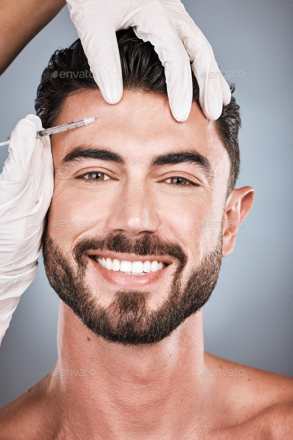 Needle, man and portrait for skincare, beauty and collagen aesthetic in ...