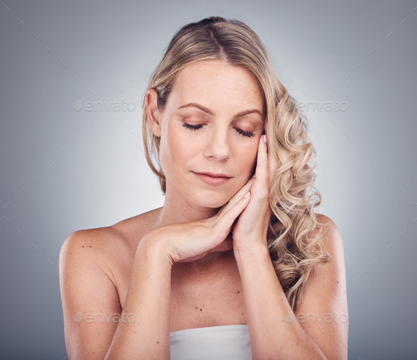 Woman, beauty and skincare by studio background with sleep, cosmetic ...