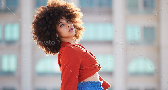 Street fashion, portrait of black woman with afro, urban gen z in ...