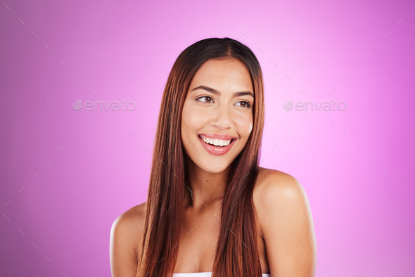 Hair, woman and beauty in studio with smile, healthy skincare or mockup ...