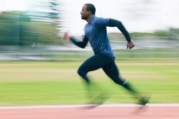 Black man, running and athletics for sports training, cross fit or ...