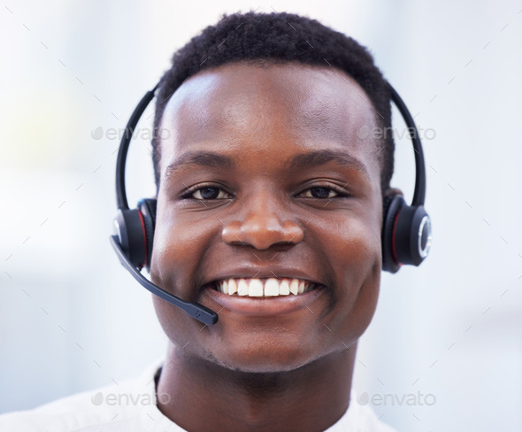 Face, call center and black man consultant, telemarketing agent or crm ...