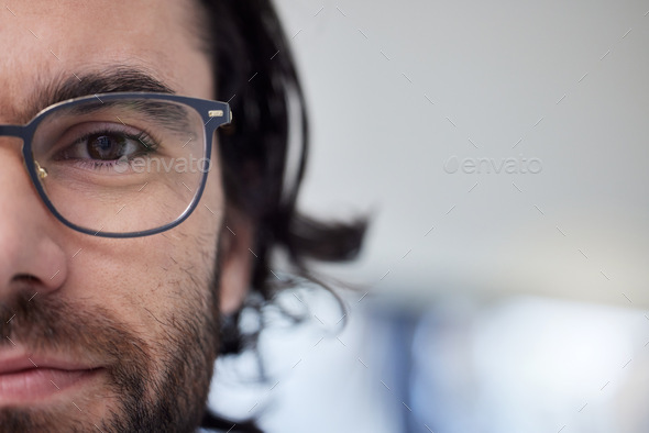 Glasses, optometry and eye of man with mockup prescription eyewear ...