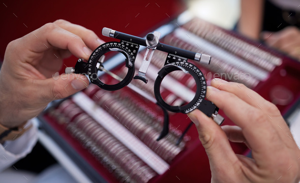 Optometry, eyewear and lens for a optical test with a optometrist in a ...