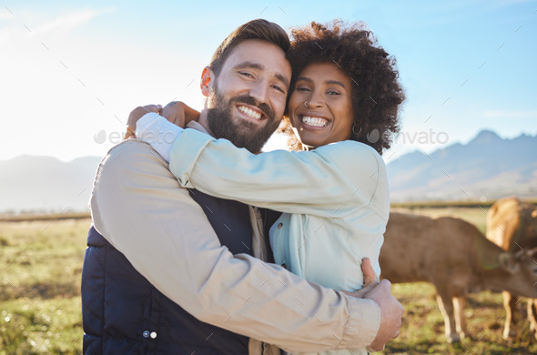 Love, cow and smile with couple on farm for agriculture, peace and ...