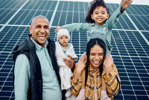 Black family, children or solar panel with parents and daughter ...