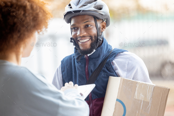 Black man, box and smile for delivery service, package or female ...