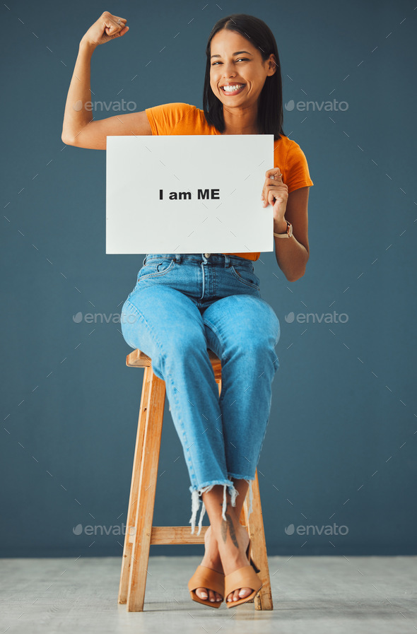 Portrait, poster and black woman with strong arm pose in studio for ...