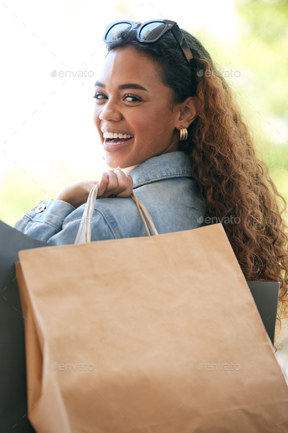 Shopping, woman and happy customer portrait with eco paper bag for a ...
