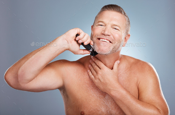 Grooming, skincare and portrait of man with razor for beard for ...